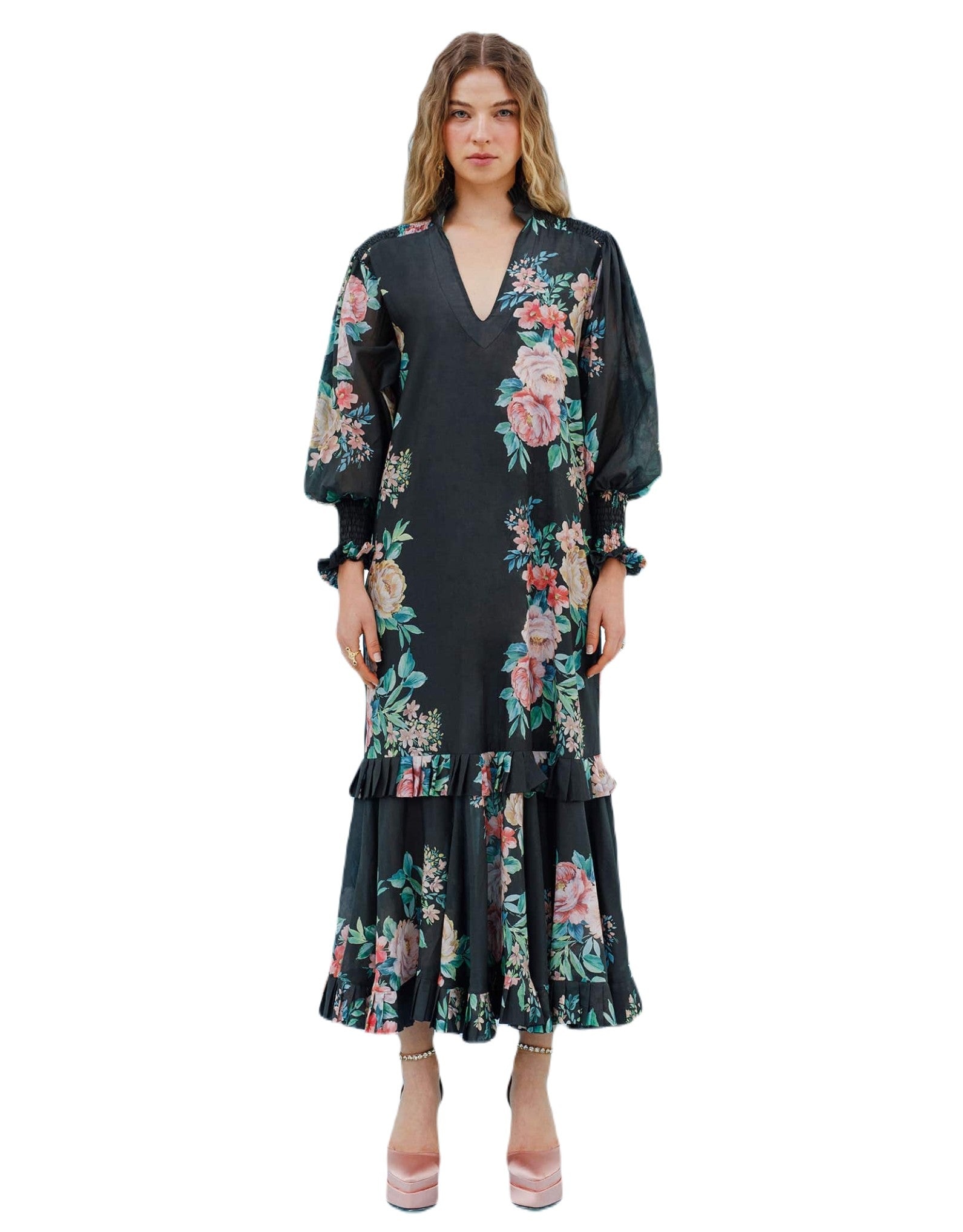 Isla and White Adna Silk Midi Dress Garden Floral - Black
